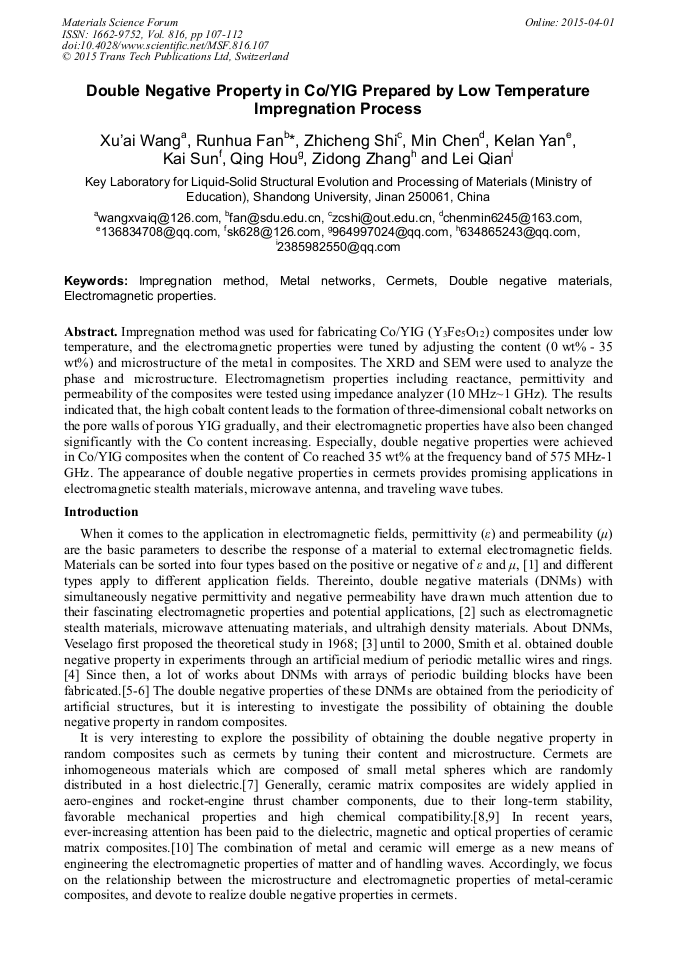 Double Negative Property in Co/YIG Prepared by Low Temperature ...