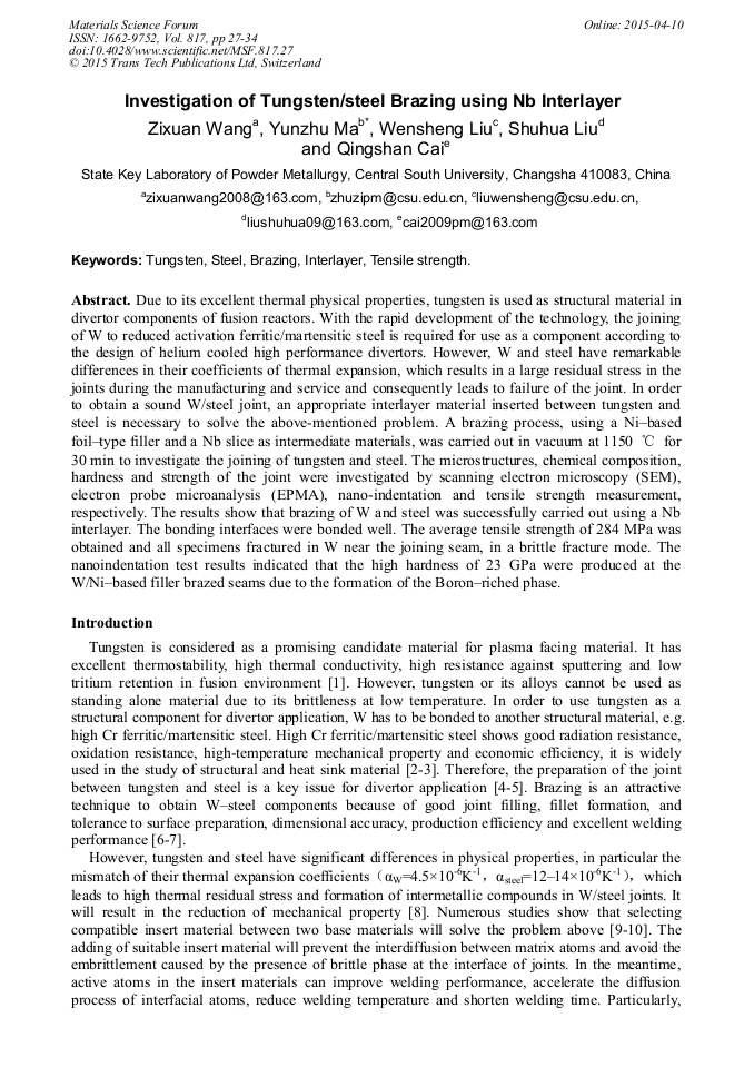 Investigation of Tungsten/Steel Brazing Using Nb Interlayer ...