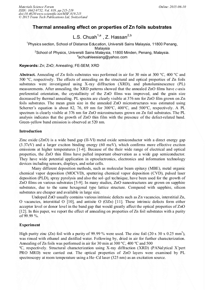 Thermal Annealing Effect on Properties of Zn Foils Substrates ...