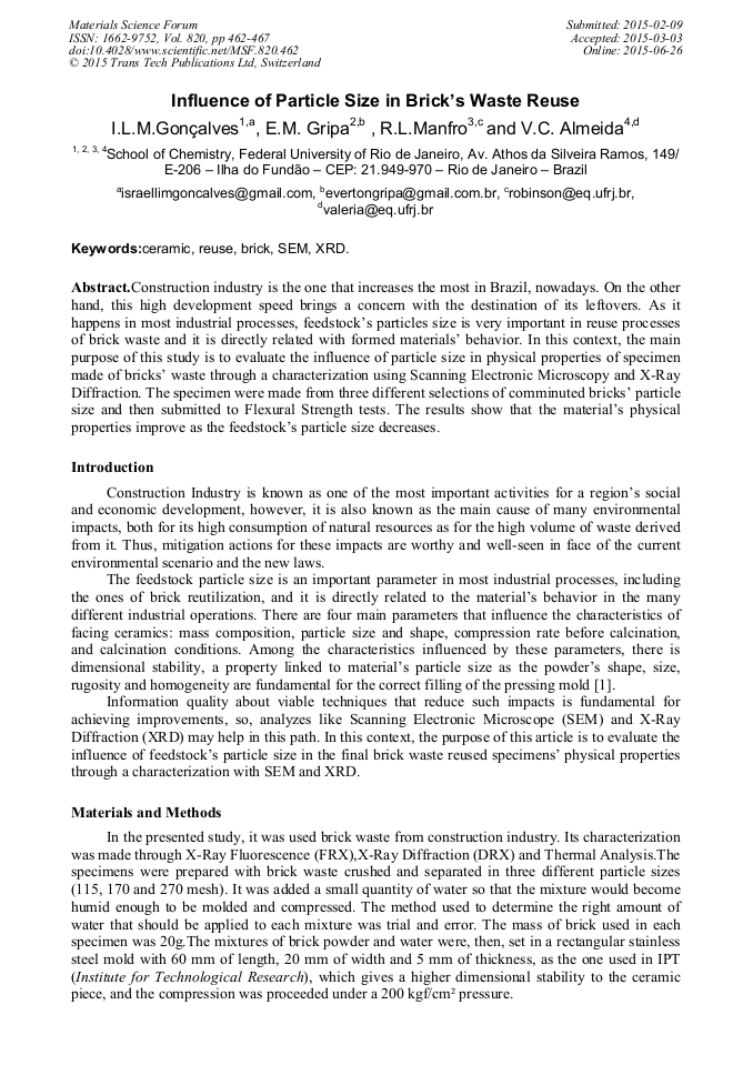 Influence of Particle Size in Brick’s Waste Reuse | Scientific.Net