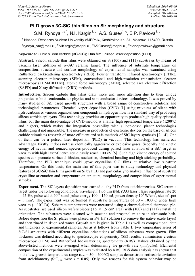 PLD Grown 3C-SiC Thin Films on Si: Morphology and Structure ...
