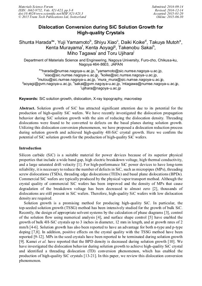 Dislocation Conversion During SiC Solution Growth for High-Quality Crystals | Scientific.Net