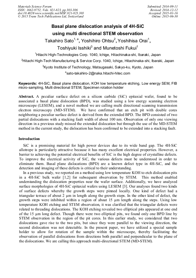 Basal Plane Dislocation Analysis of 4H-SiC Using Multi Directional STEM ...