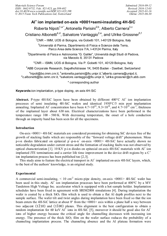 Al+ Ion Implanted On-Axis Semi-Insulating 4H-SiC | Scientific.Net