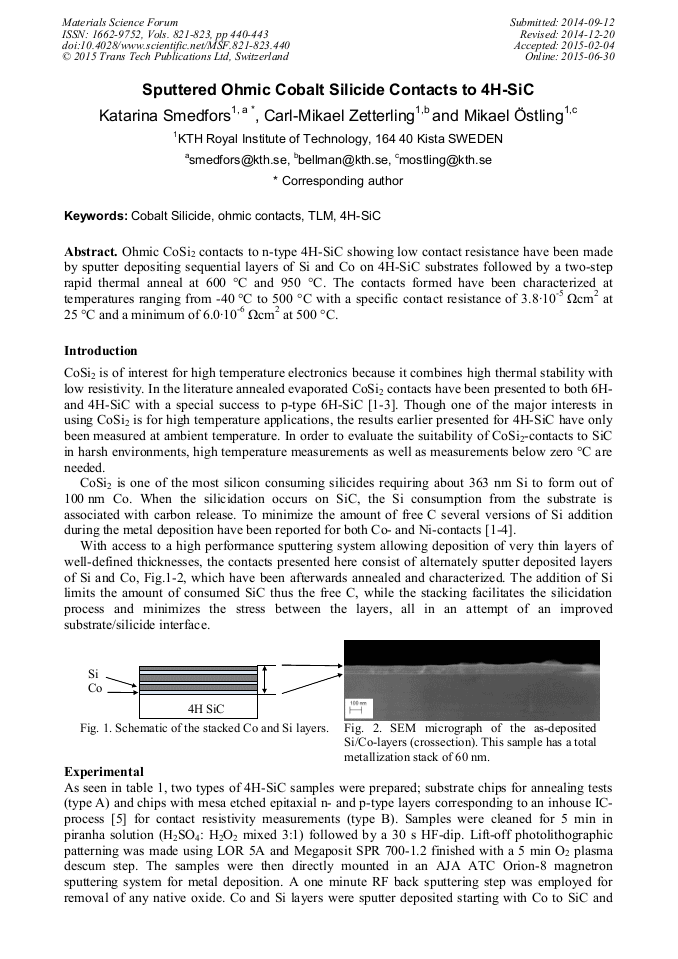 Sputtered Ohmic Cobalt Silicide Contacts to 4H-SiC | Scientific.Net