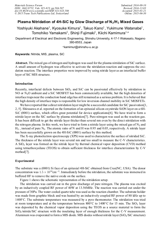 Plasma Nitridation of 4H-SiC by Glow Discharge of N2/H2 Mixed Gases ...