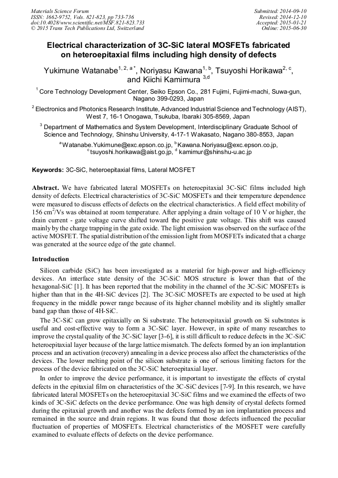Electrical Characterization of 3C-SiC Lateral MOSFETs Fabricated on Heteroepitaxial Films ...
