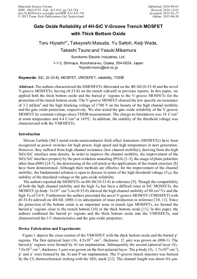 Gate Oxide Reliability of 4H-SiC V-Groove Trench MOSFET with Thick ...