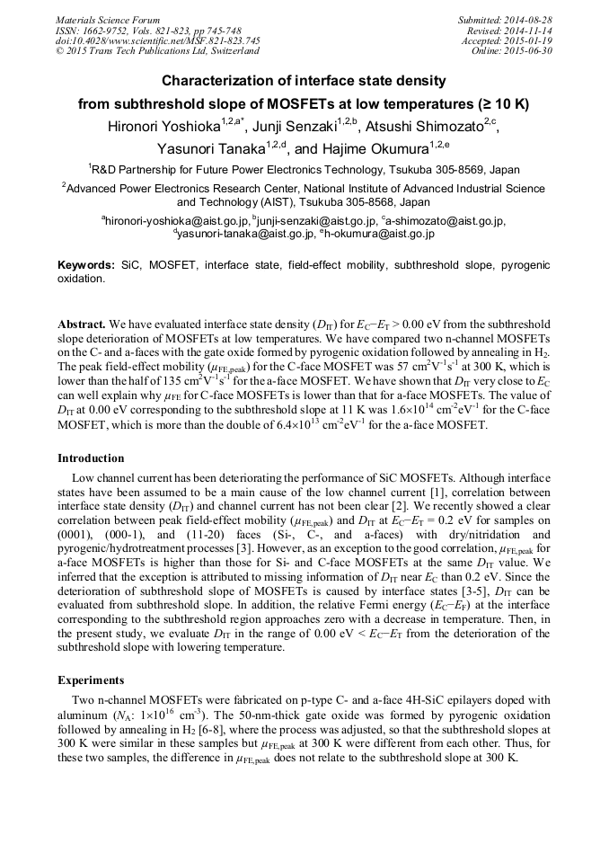 Characterization of Interface State Density from Subthreshold Slope of ...