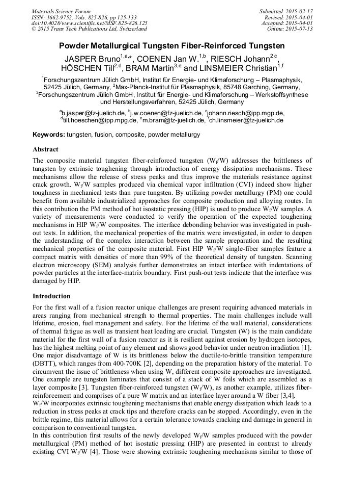 Powder Metallurgical Tungsten Fiber-Reinforced Tungsten | Scientific.Net