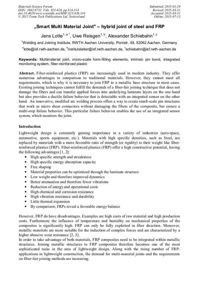 „Smart Multi Material Joint" – Hybrid Joint of Steel and FRP ...