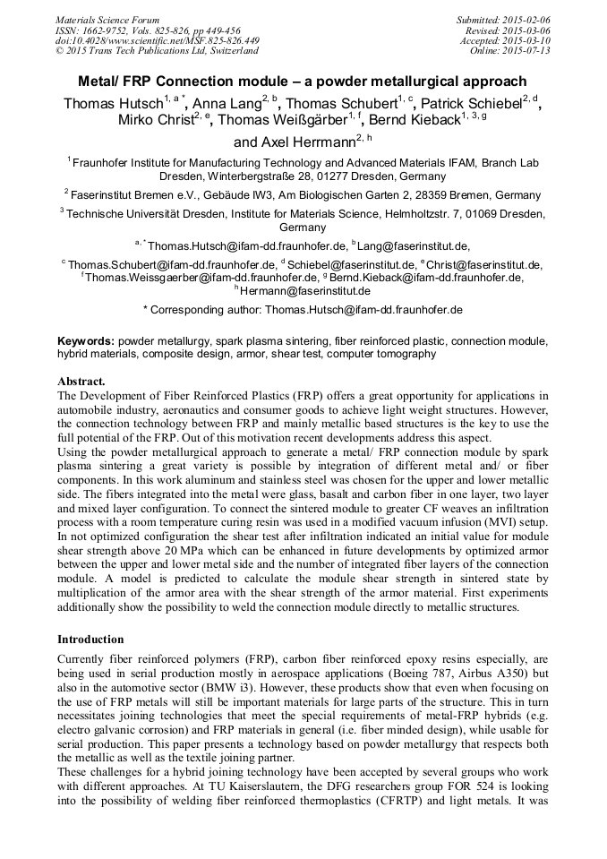 Metal/FRP Connection Module – A Powder Metallurgical Approach ...
