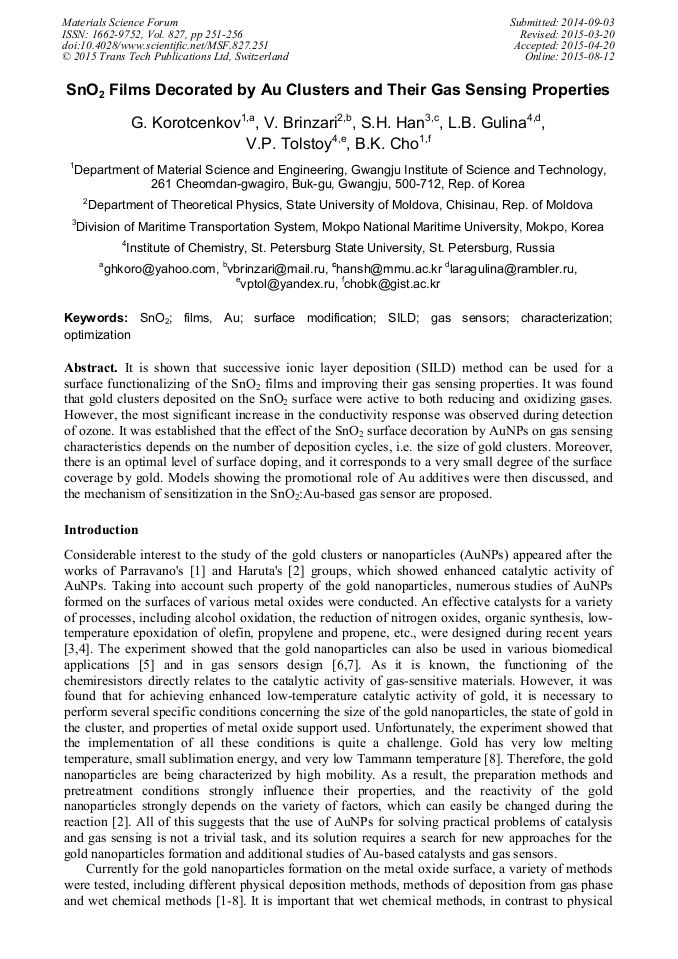 SnO2 Films Decorated by Au Clusters and their Gas Sensing Properties ...