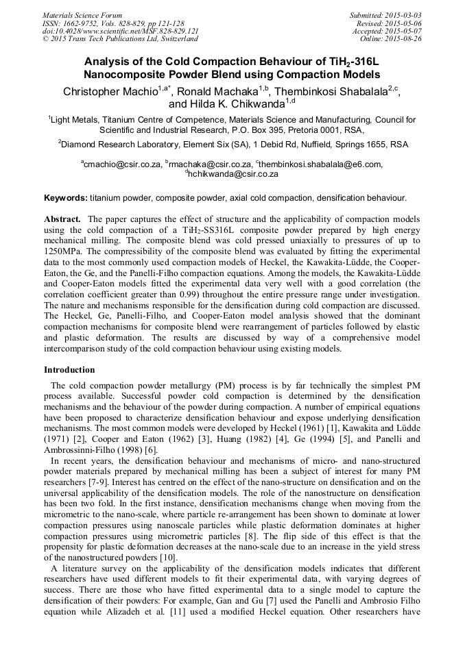 Analysis of the Cold Compaction Behaviour of TiH2-316L Nanocomposite ...