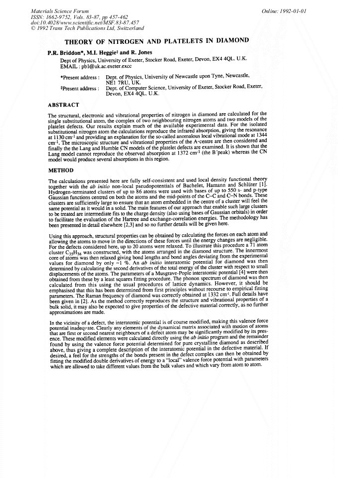 Theory of Nitrogen and Platelets in Diamond | Scientific.Net