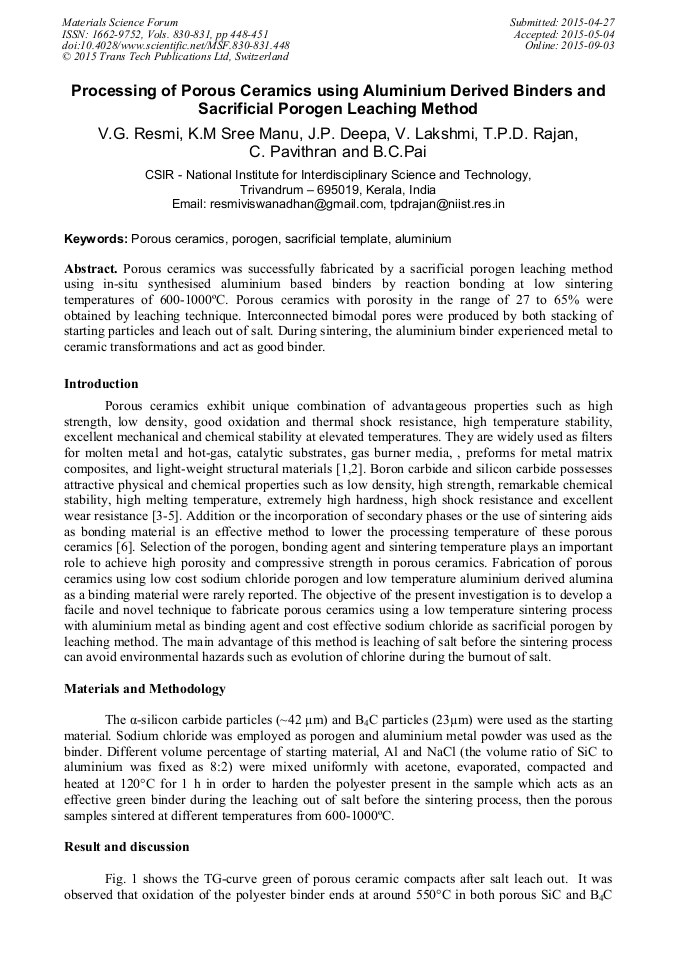 Processing of Porous Ceramics Using Aluminium Derived Binders and ...