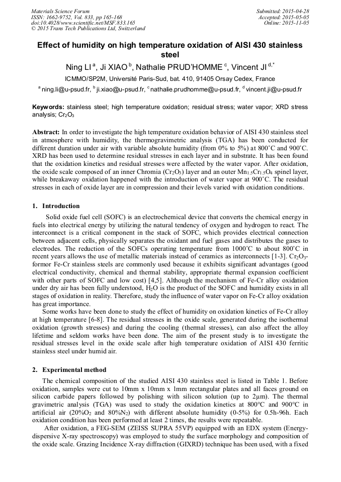 Effect of Humidity on High Temperature Oxidation of AISI 430 Stainless ...