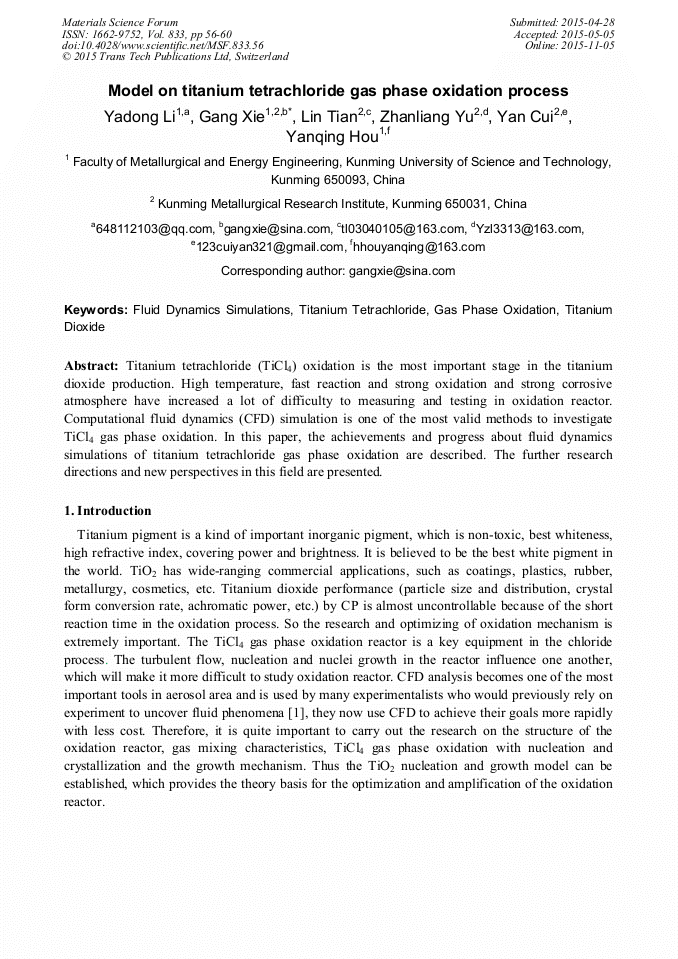 Model on Titanium Tetrachloride Gas Phase Oxidation Process ...