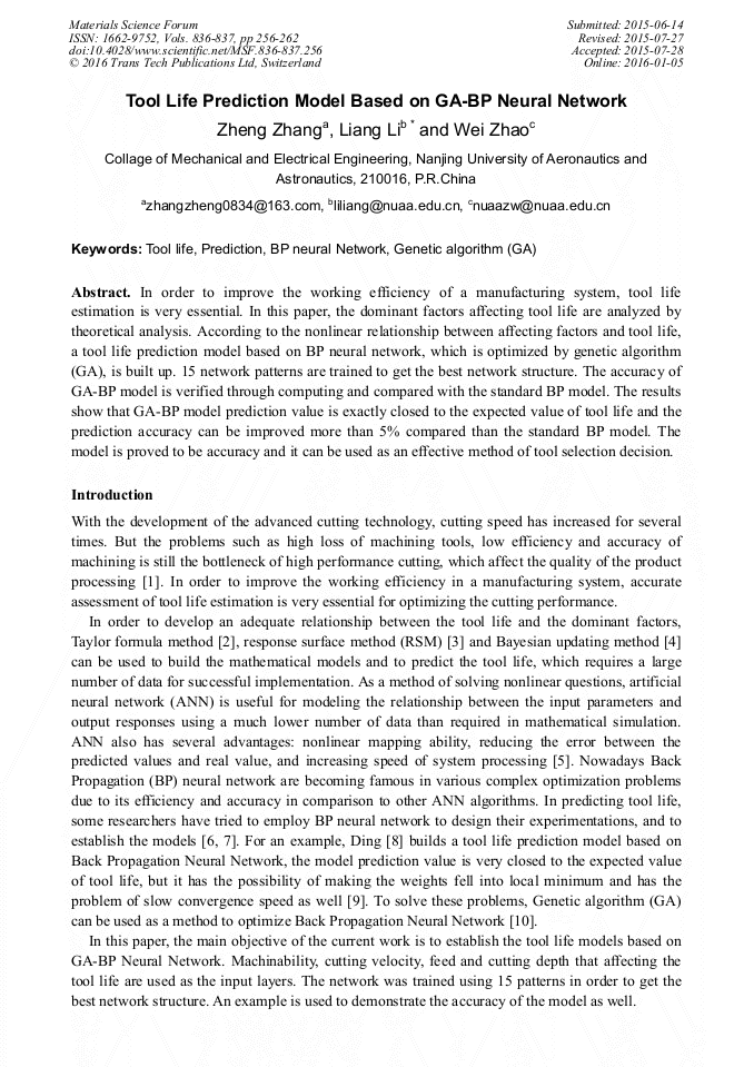 Tool Life Prediction Model Based on GA-BP Neural Network | Scientific.Net