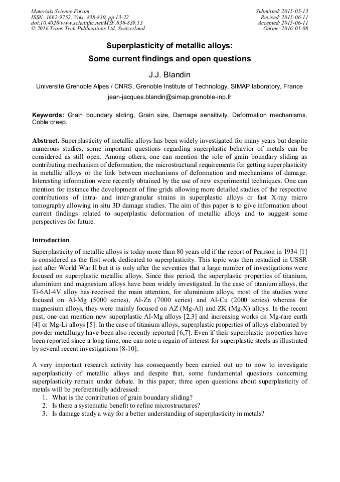Superplasticity of Metallic Alloys: Some Current Findings and Open ...