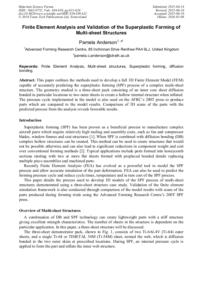 Finite Element Analysis and Validation of the Superplastic Forming of Multi-Sheet Structures ...