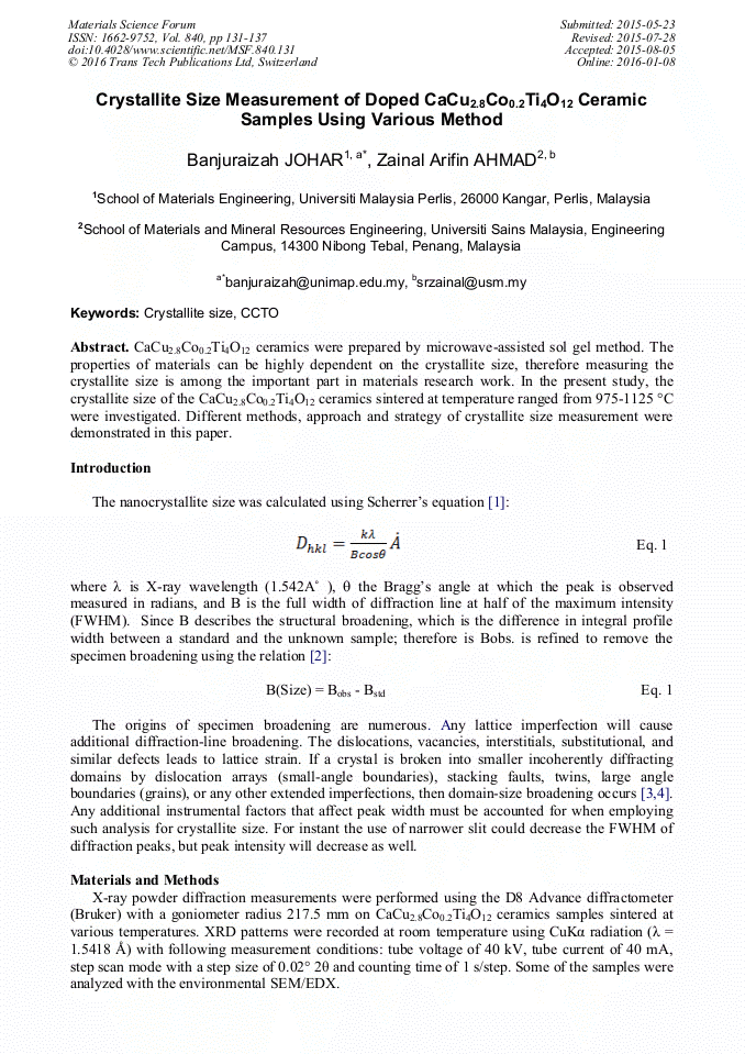 Crystallite Size Measurement of Doped CaCu2.8Co0.2Ti4O12 Ceramic Samples Using Various Method ...