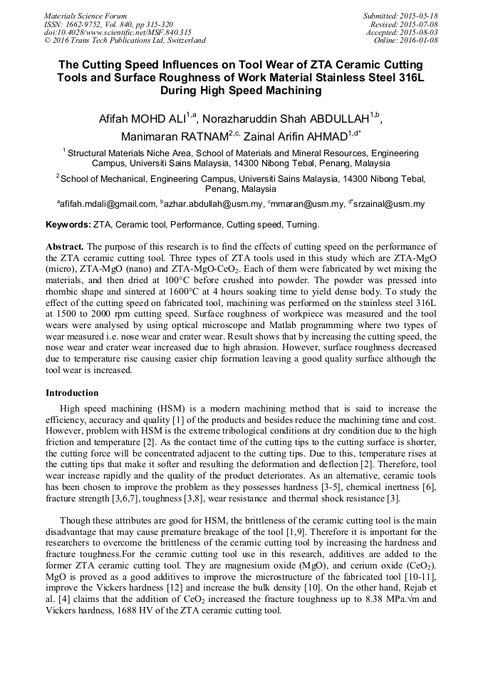 The Cutting Speed Influences on Tool Wear of ZTA Ceramic Cutting Tools ...