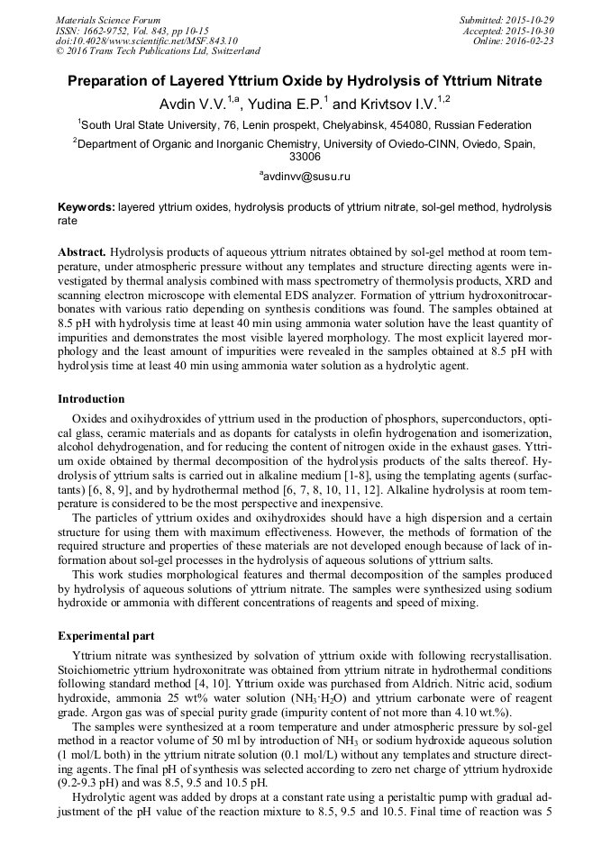 Preparation of Layered Yttrium Oxide by Hydrolysis of Yttrium Nitrate ...