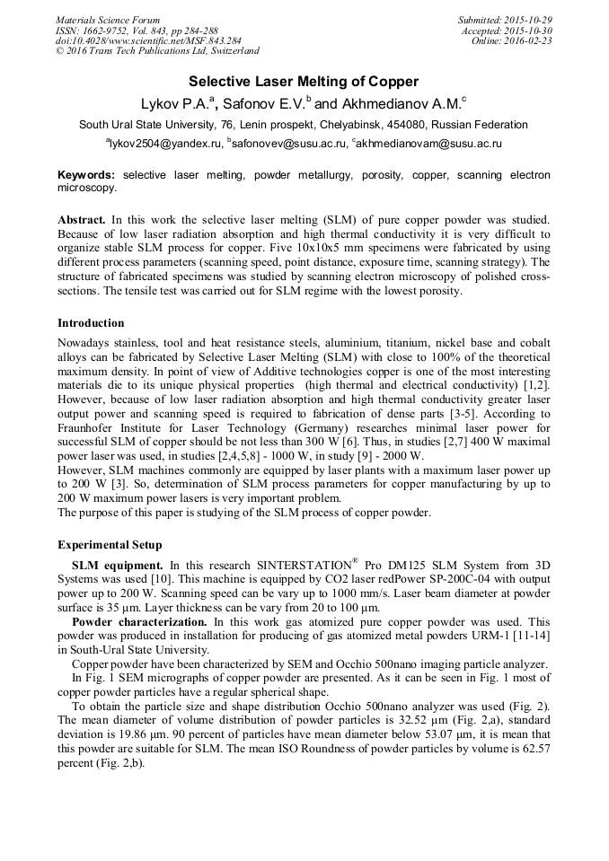 Selective Laser Melting of Copper | Scientific.Net