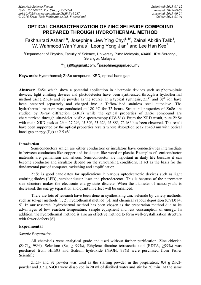 Optical Characterization of Zinc Selenide Compound Prepared through ...