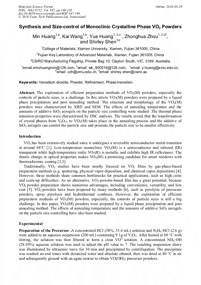 Synthesis and Size-Control of Monoclinic Crystalline Phase VO2 Powders ...