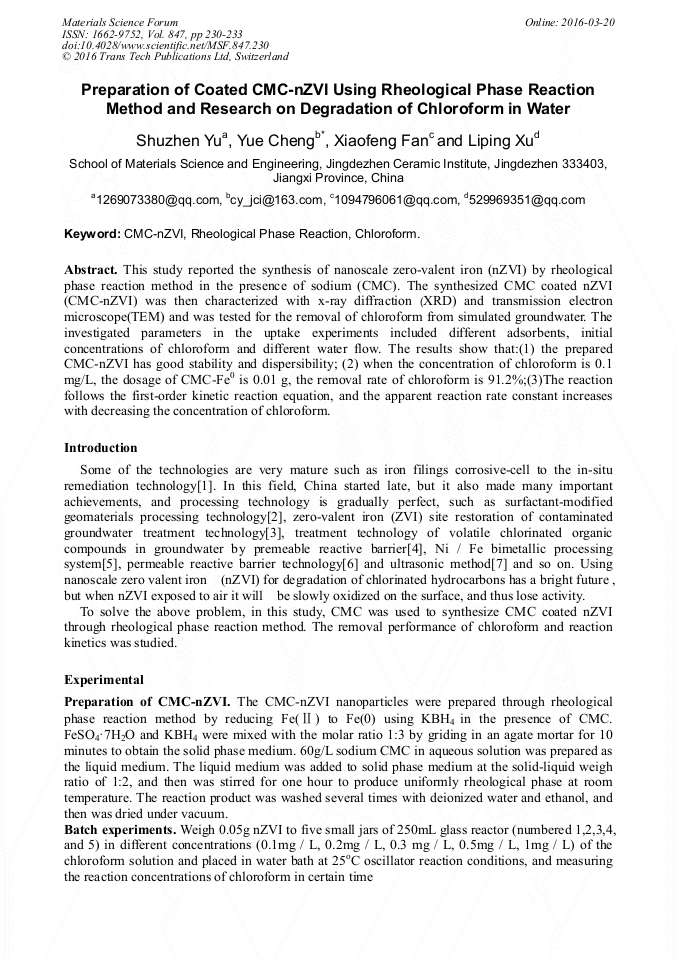 Preparation of Coated CMC-nZVI Using Rheological Phase Reaction Method ...