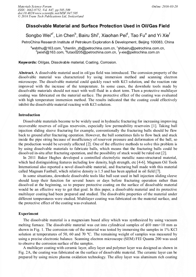 Dissolvable Material and Surface Protection Used in Oil/Gas Field ...