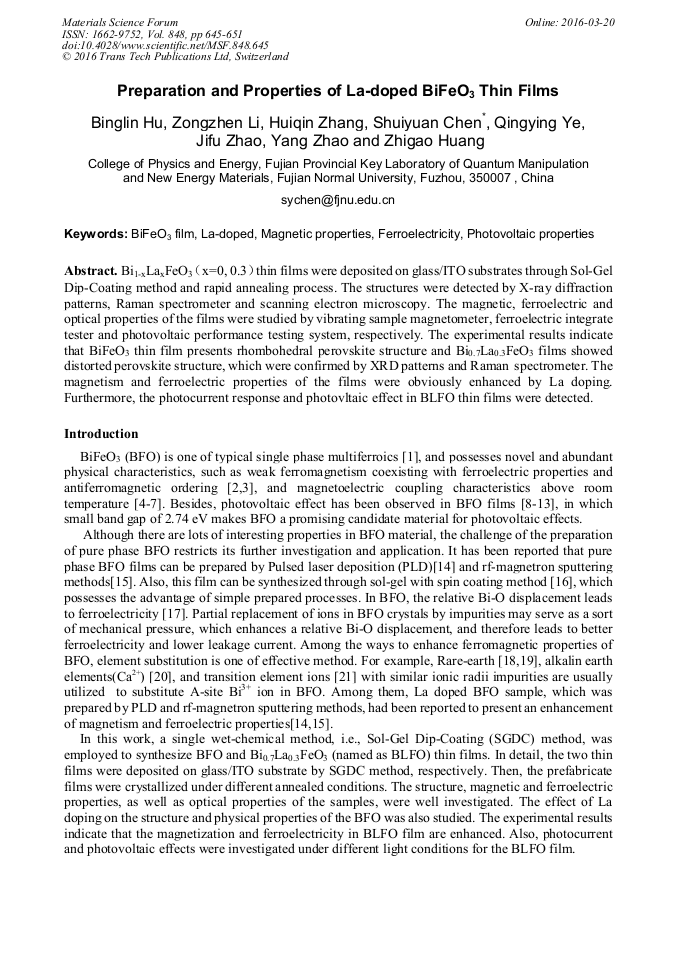 Preparation and Properties of La-Doped BiFeO3 Thin Films | Scientific.Net