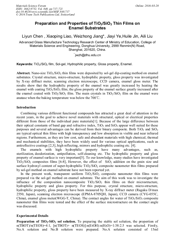 Preparation and Properties of TiO2/SiO2 Thin Films on Enamel Substrates ...