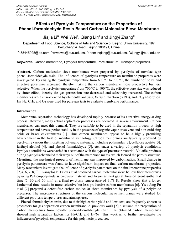 Effects of Pyrolysis Temperature on the Properties of Phenol ...