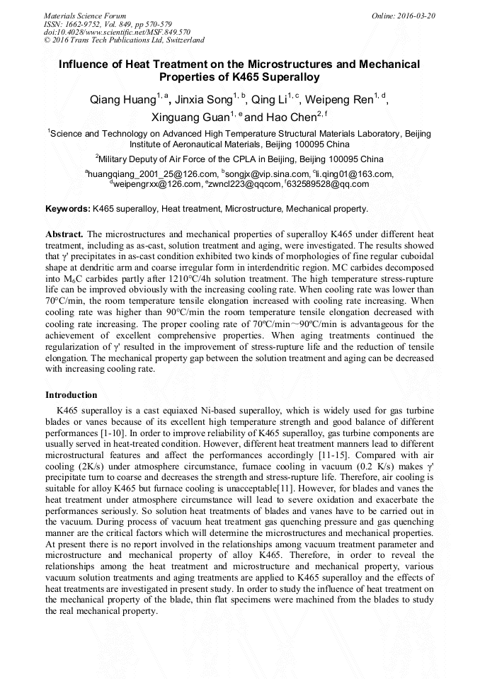 Influence of Heat Treatment on the Microstructures and Mechanical Properties of K465 Superalloy ...