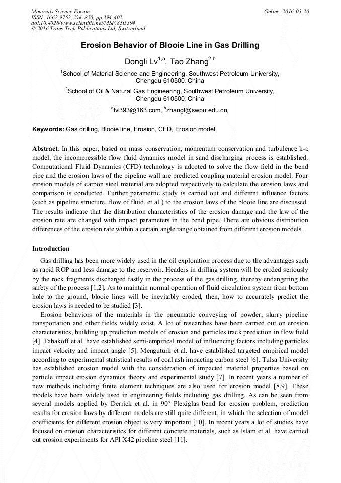 Erosion Behavior of Blooie Line in Gas Drilling | Scientific.Net