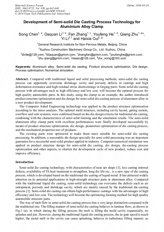 Development of Semi-Solid Die Casting Process Technology for Aluminium Alloy Clamp | Scientific.Net