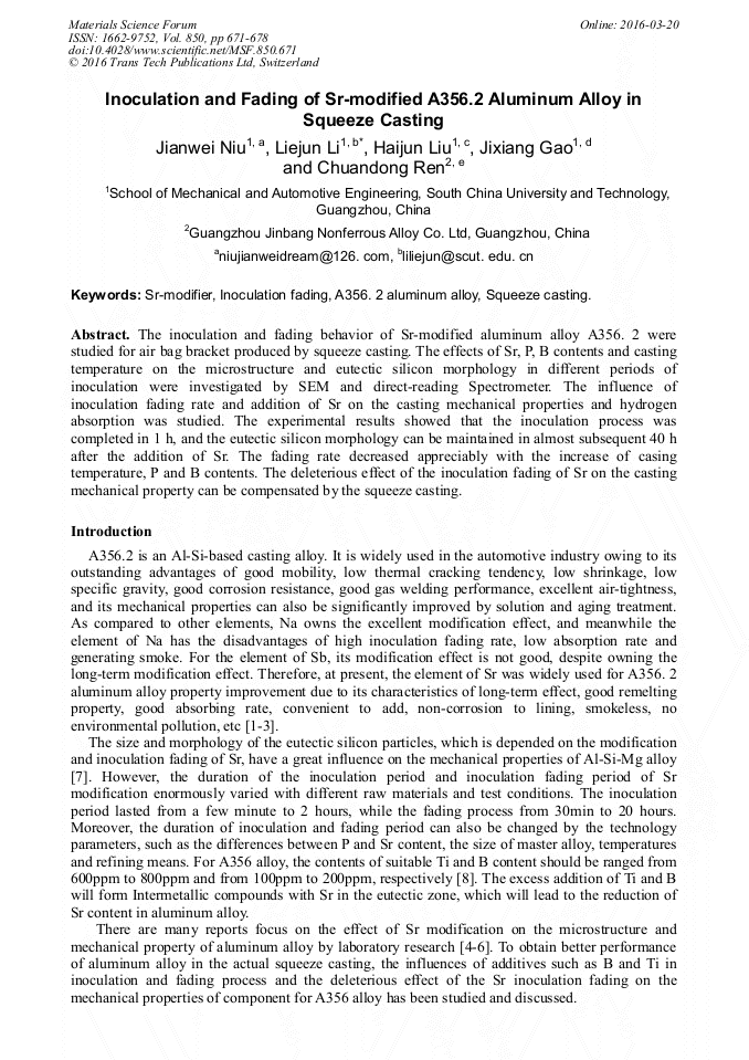 Inoculation and Fading of Sr-Modified A356.2 Aluminum Alloy in Squeeze ...