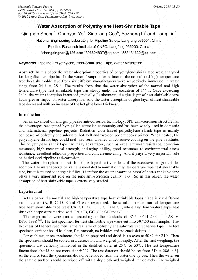 Water Absorption of Polyethylene Heat-Shrinkable Tape | Scientific.Net