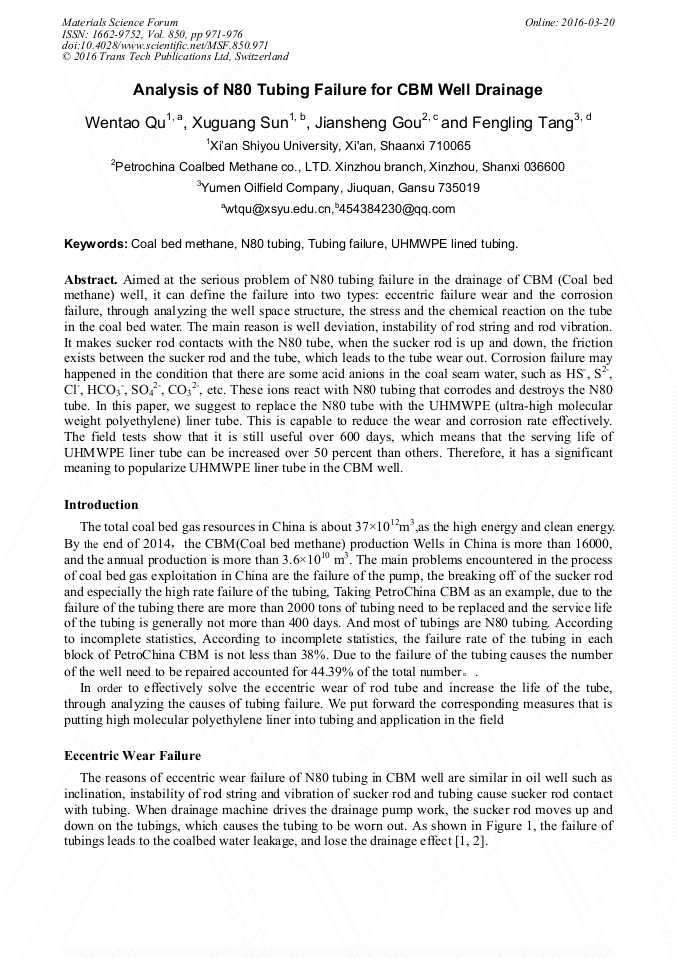 Analysis of N80 Tubing Failure for CBM Well Drainage | Scientific.Net