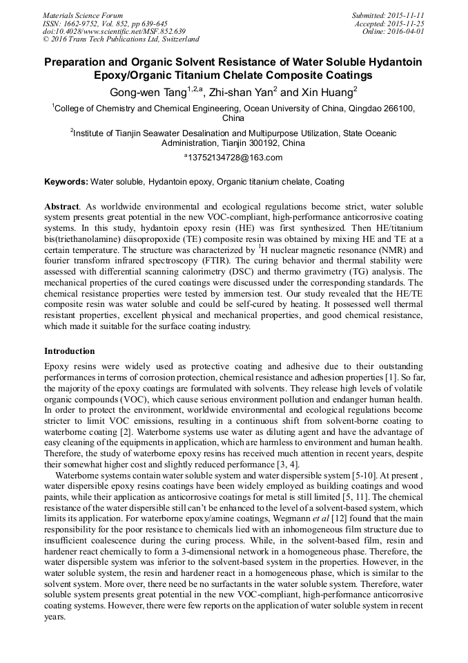 Preparation and Organic Solvent Resistance of Water Soluble Hydantoin ...