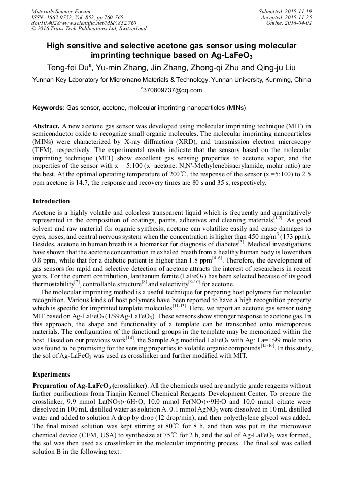 High Sensitive and Selective Acetone Gas Sensor Using Molecular ...