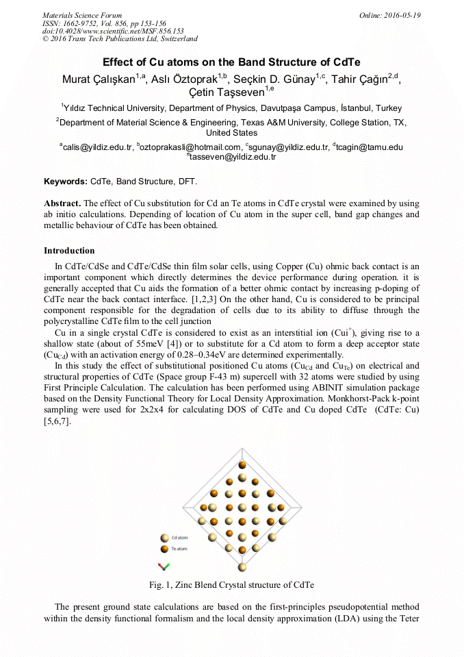 Effect of Cu Atoms on the Band Structure of CdTe | Scientific.Net
