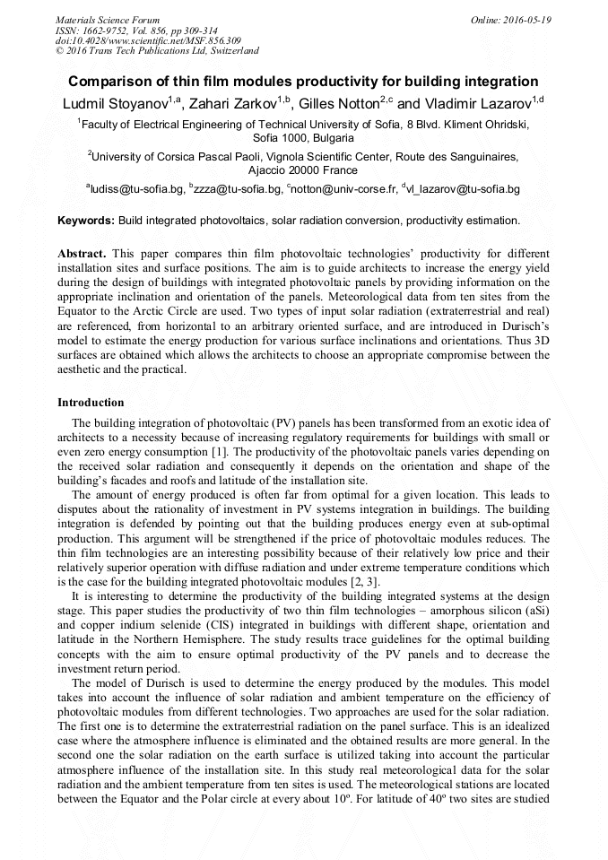 Comparison of Thin Film Modules Productivity for Building Integration ...