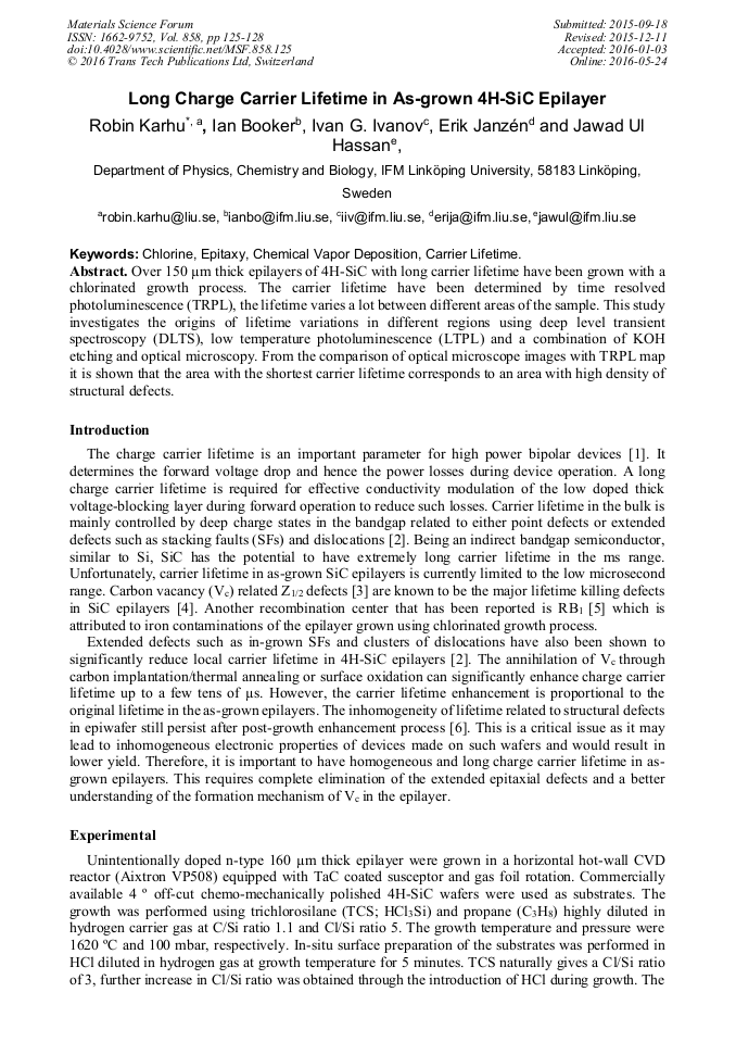 Long Charge Carrier Lifetime in As-Grown 4H-SiC Epilayer | Scientific.Net