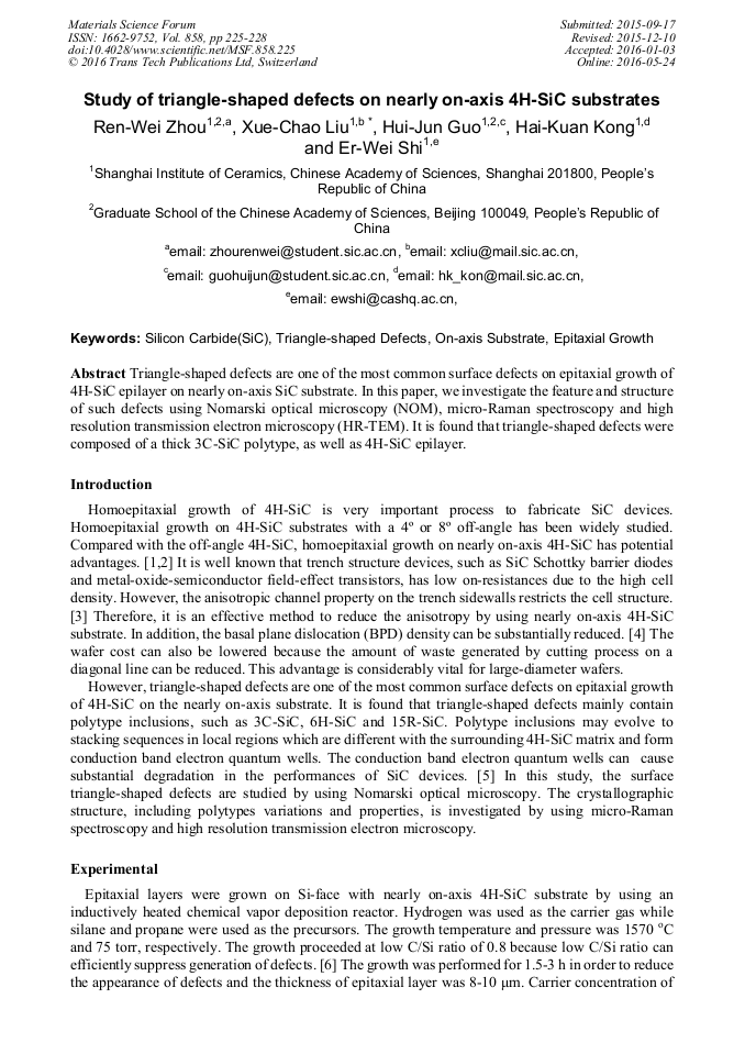 Study of Triangle-Shaped Defects on Nearly On-Axis 4H-SiC Substrates ...