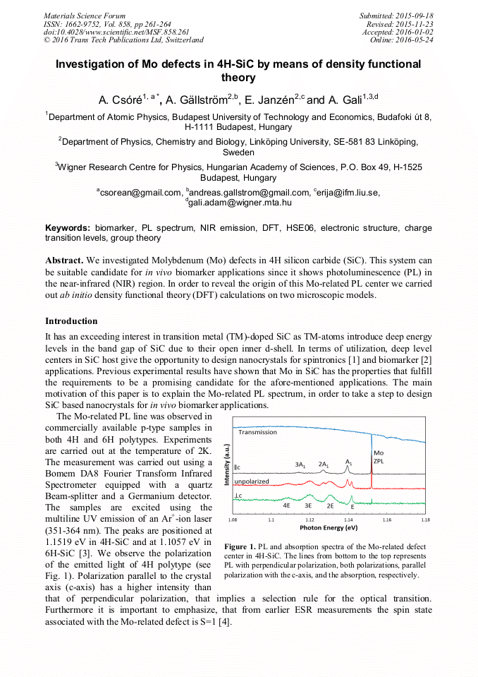 Investigation of Mo Defects in 4H-SiC by Means of Density Functional ...