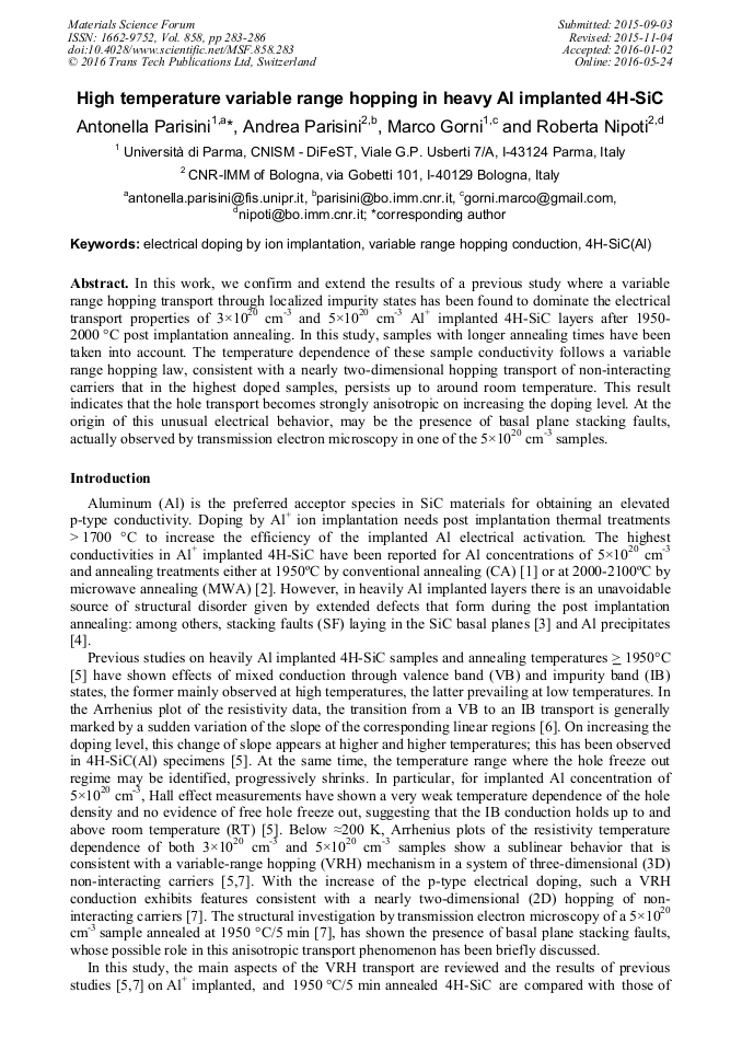 High Temperature Variable Range Hopping in Heavy Al Implanted 4H-SiC ...